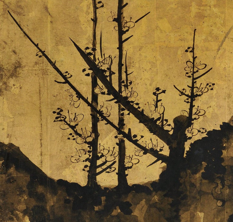 17th Century Japanese Screen, Ink Plum Blossoms by Priest Hozobo Kojo ...