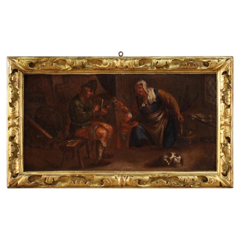 17th Century Oil on Canvas Antique Flemish Painting Family Interior ...