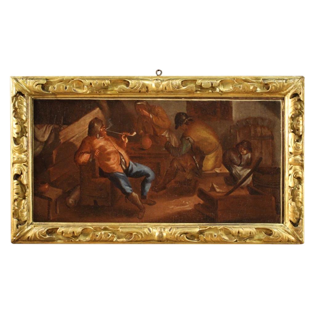 17th Century Oil on Canvas Flemish Painting Interior Scene with ...