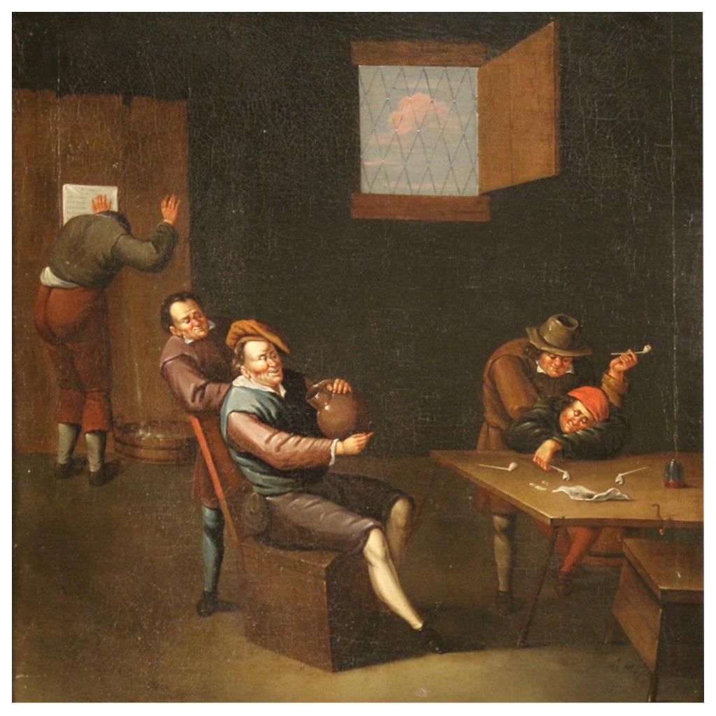 17th Century Oil on Canvas Flemish Painting Interior Scene with ...