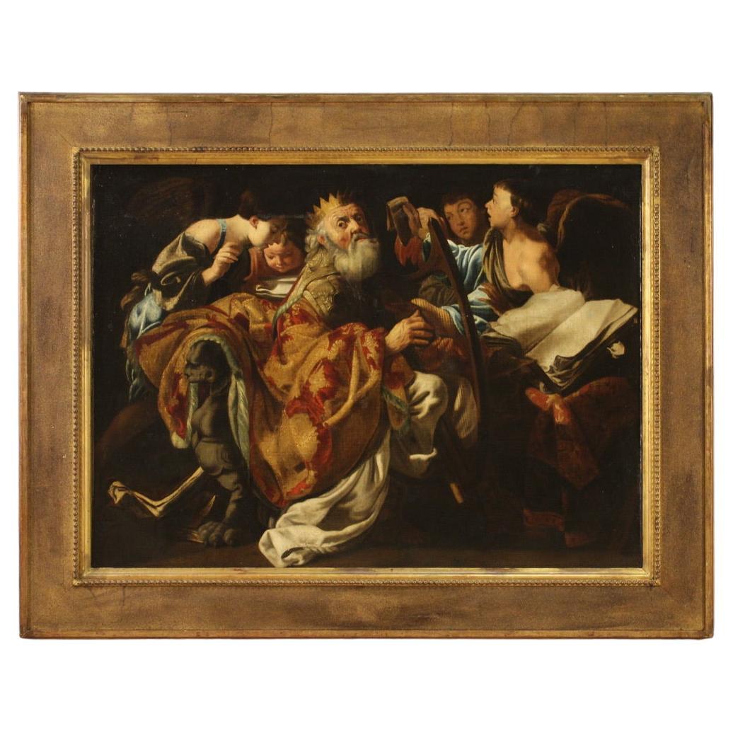 17th Century Oil on Canvas Italian Antique Painting King David Plays ...