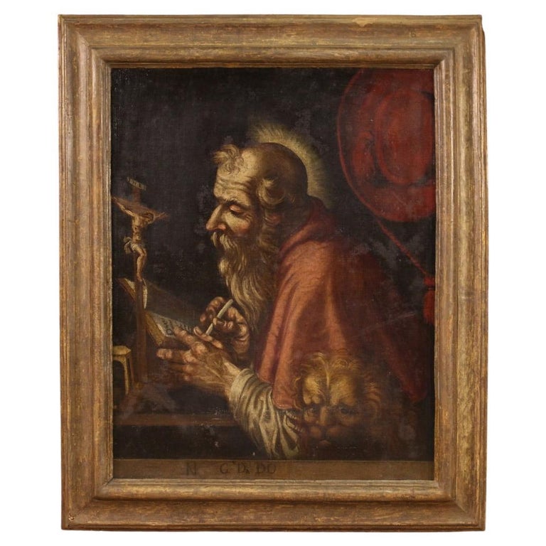 17th Century Oil on Canvas Italian Antique Painting Saint Jerome in His ...