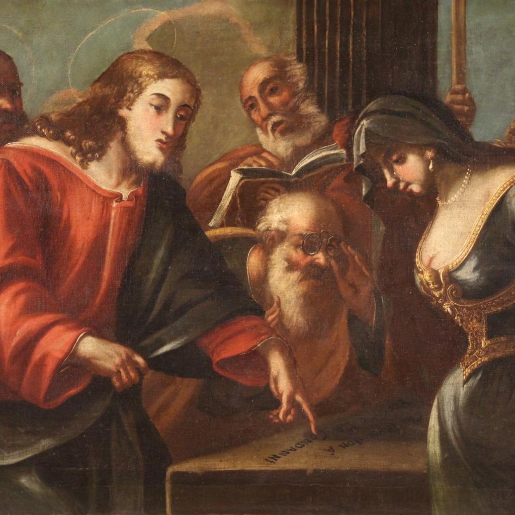 17th Century Oil on Canvas Italian Religious Painting Jesus and the Adulteress For Sale at 1stDibs