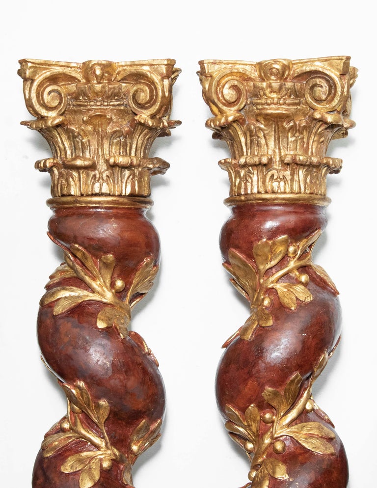 17th Century Pair of Twisted Columns Polychrome and Gilded Wood For ...
