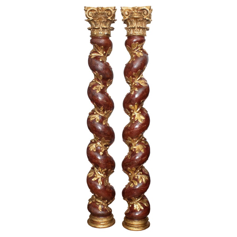17th Century Pair of Twisted Columns Polychrome and Gilded Wood For ...