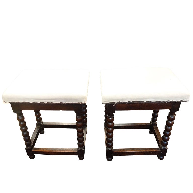 17th Century Pair of Spool Leg Upholstered Stools, England at 1stDibs