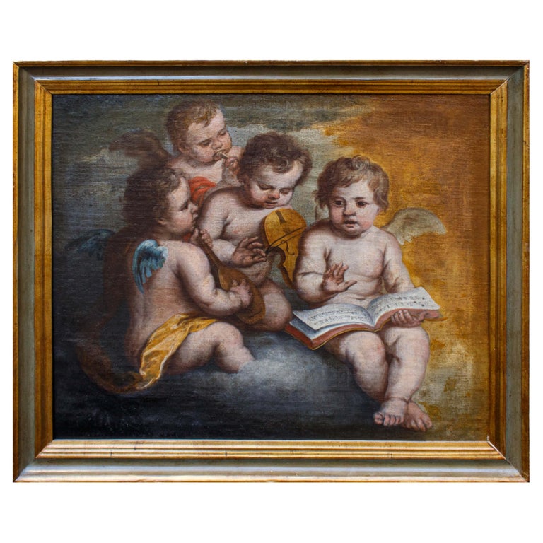 17th Century, Putti Musicians Painting Oil on Canvas Genoese School For ...