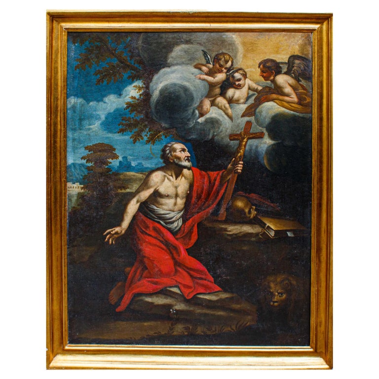 17th Century Saint Jerome Painting Oil on Canvas Emilian School For ...