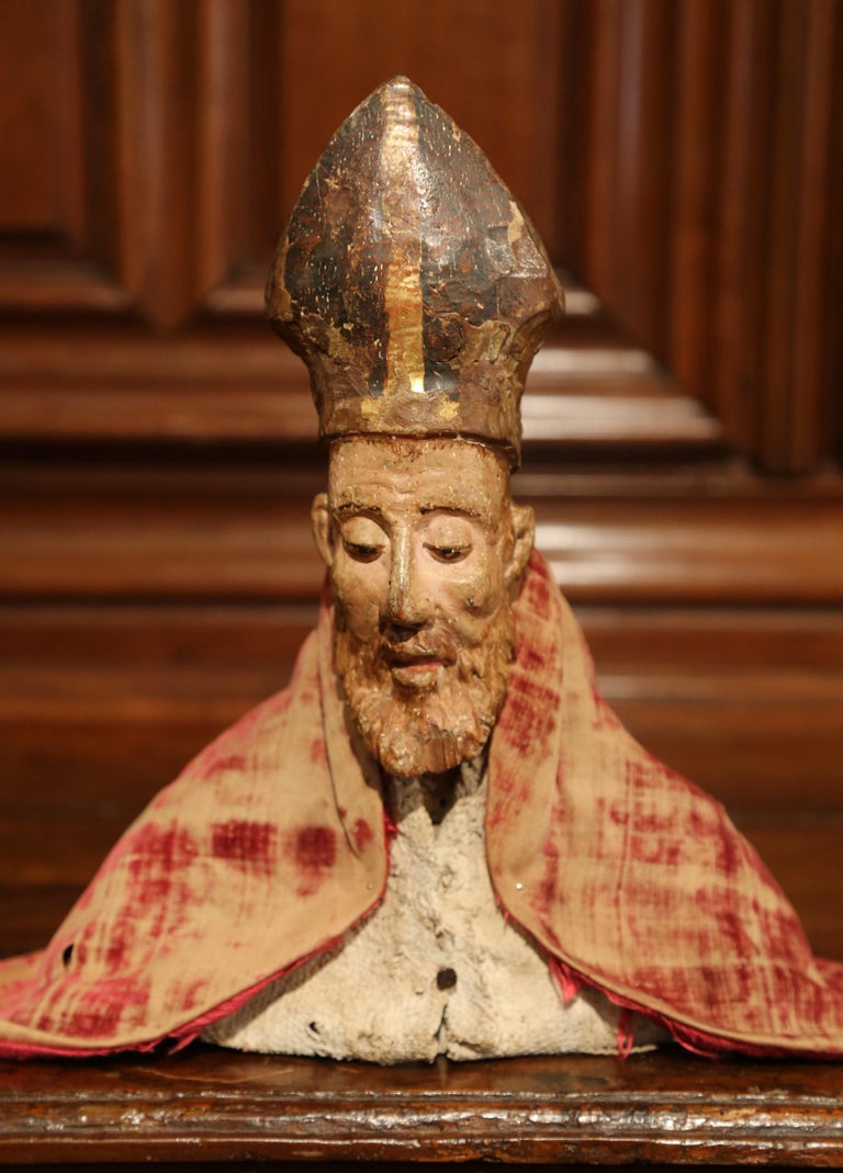 17th Century Spanish Carved Walnut Polychrome Bishop Bust with Velvet ...
