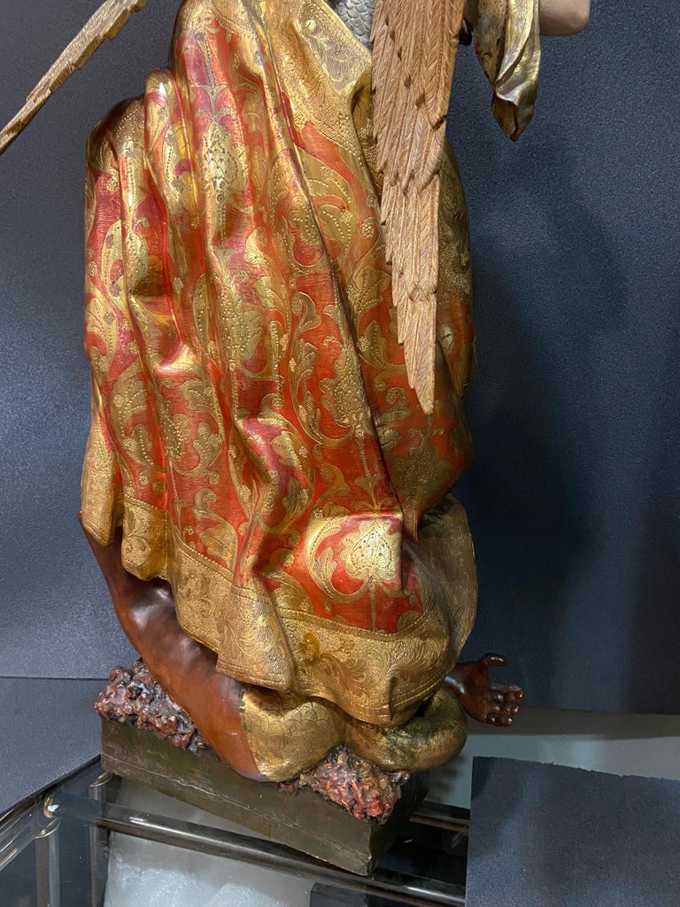 17th Century Spanish Sculpture in Carved Silver Gild Wood Saint Michel ...