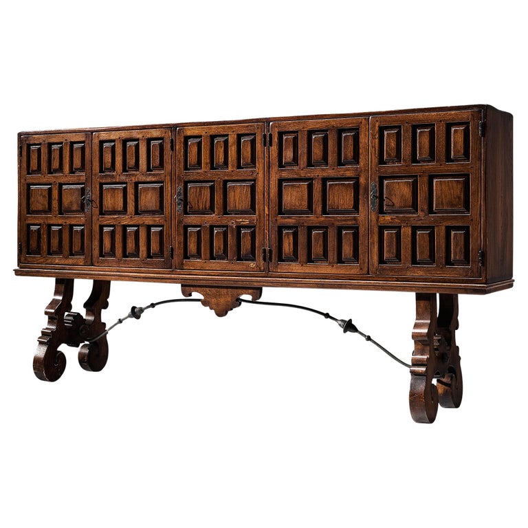 Spanish Brutalist Sideboard in Oak and Wrought Iron For Sale at 1stDibs