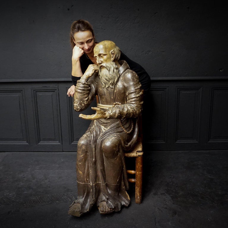 17th Century Wood Carved Polychromed Lifesize Sitting Franciscan Friar ...