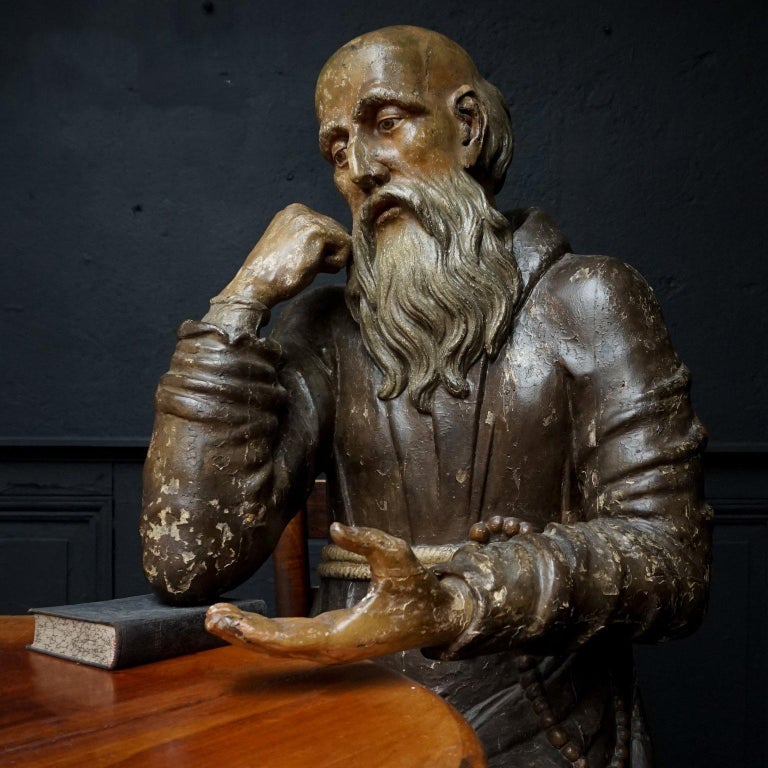 17th Century Wood Carved Polychromed Lifesize Sitting Franciscan Friar ...