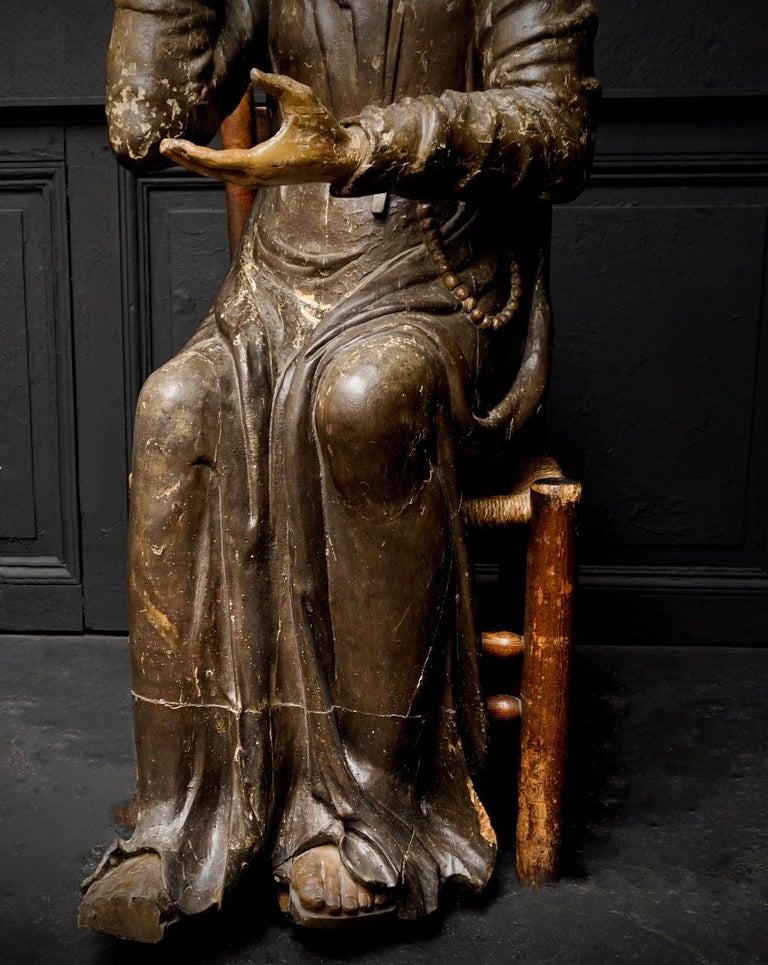 17th Century Wood Carved Polychromed Lifesize Sitting Franciscan Friar ...