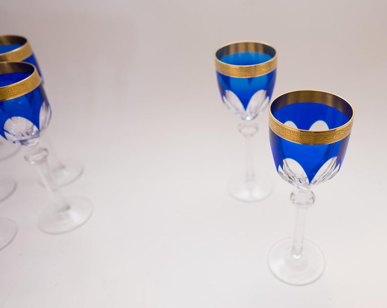 18 Antique Cobalt Blue Cut and Cased Crystal Goblets, 24 Karat Gold ...