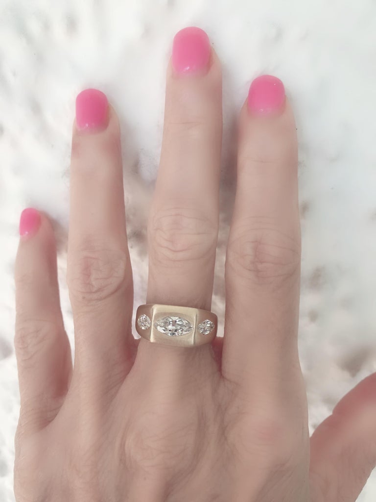 18 carat Brushed Yellow Gold Marquise Cut Hammer Set Diamond Ring For ...