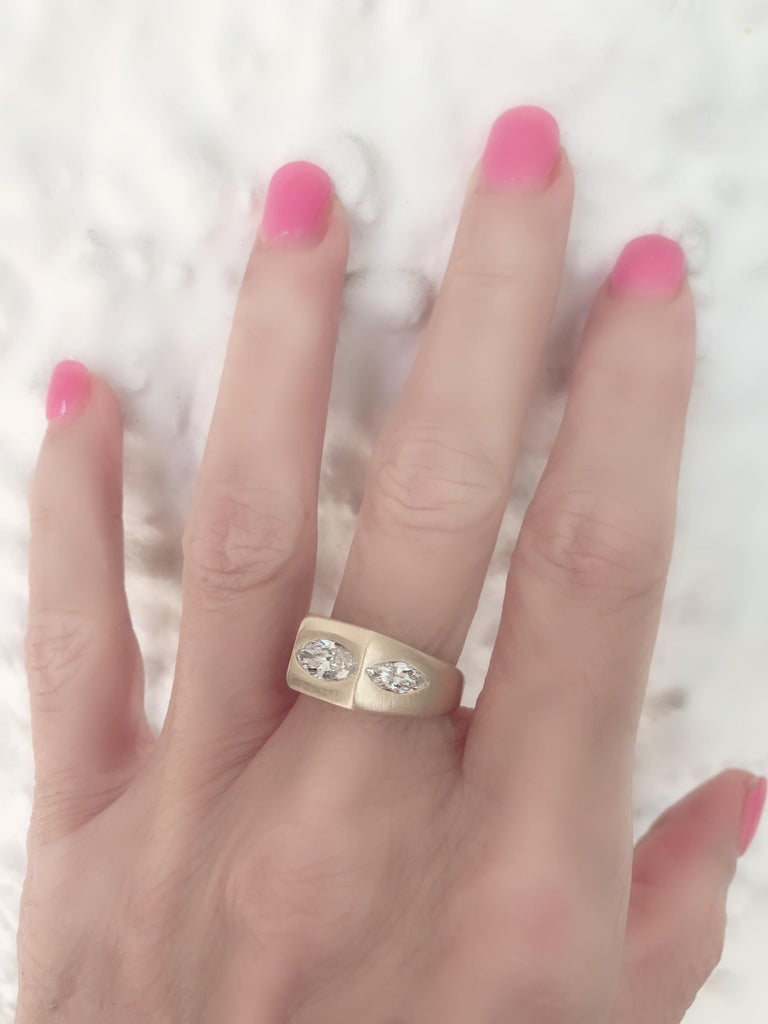 18 carat Brushed Yellow Gold Marquise Cut Hammer Set Diamond Ring For ...