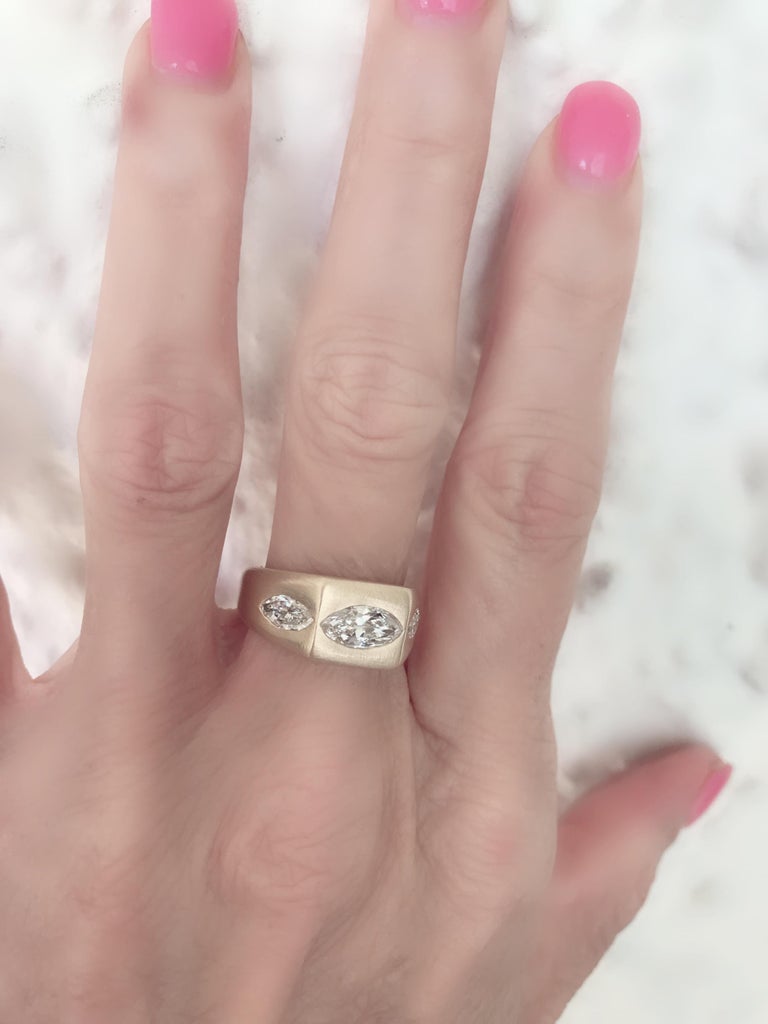 18 carat Brushed Yellow Gold Marquise Cut Hammer Set Diamond Ring For ...