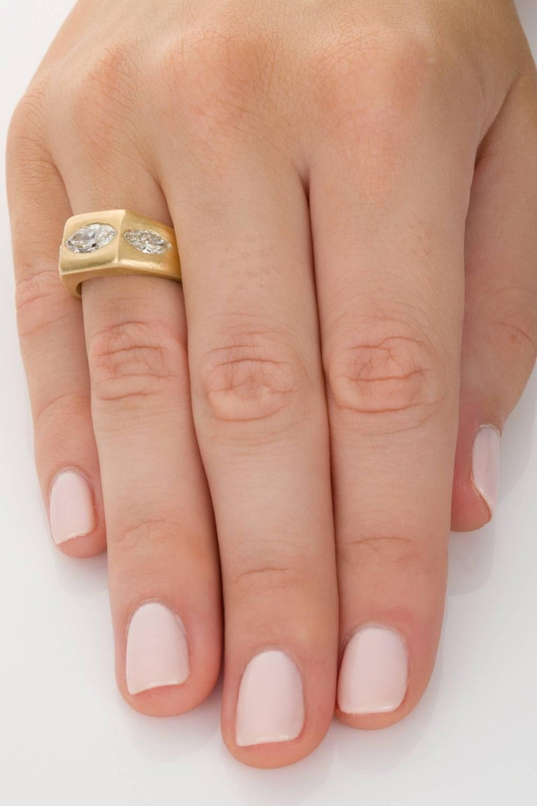 18 carat Brushed Yellow Gold Marquise Cut Hammer Set Diamond Ring at ...