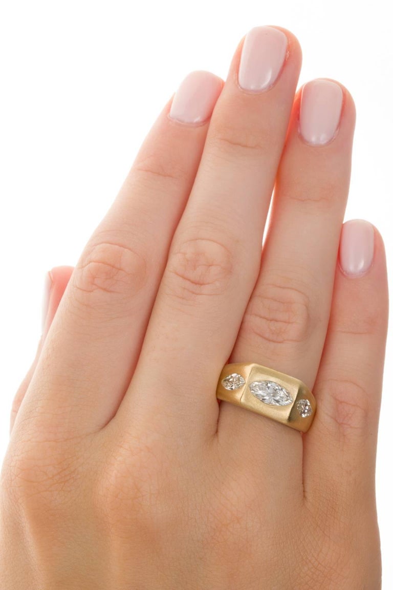 18 carat Brushed Yellow Gold Marquise Cut Hammer Set Diamond Ring at ...