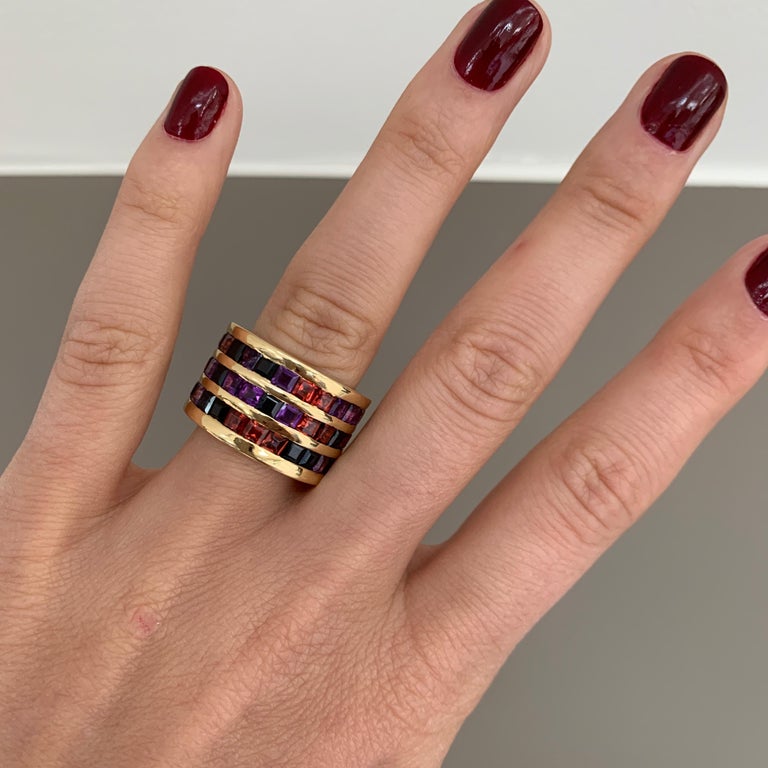 18ct Yellow Gold, Garnet, Amethyst and Black Sapphire Channel-Set ...