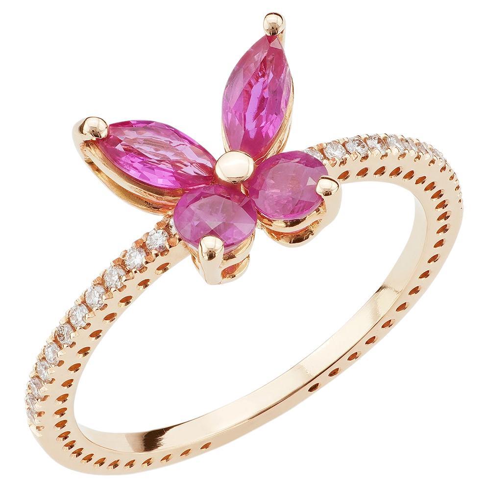 Rose White Gold Floral and Butterfly Ring with Heart Shape Diamonds at ...