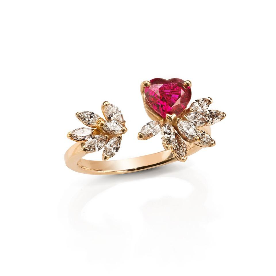 18 Carat Rose Gold, Ring with Diamonds and Ruby Heart Cut, Leonori Jewel For Sale at 1stDibs ...