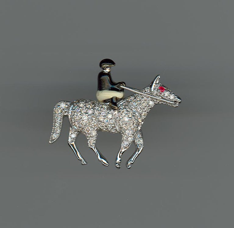 18 Carat White Gold Diamond Brooch in the Form of a Rider on Horseback ...