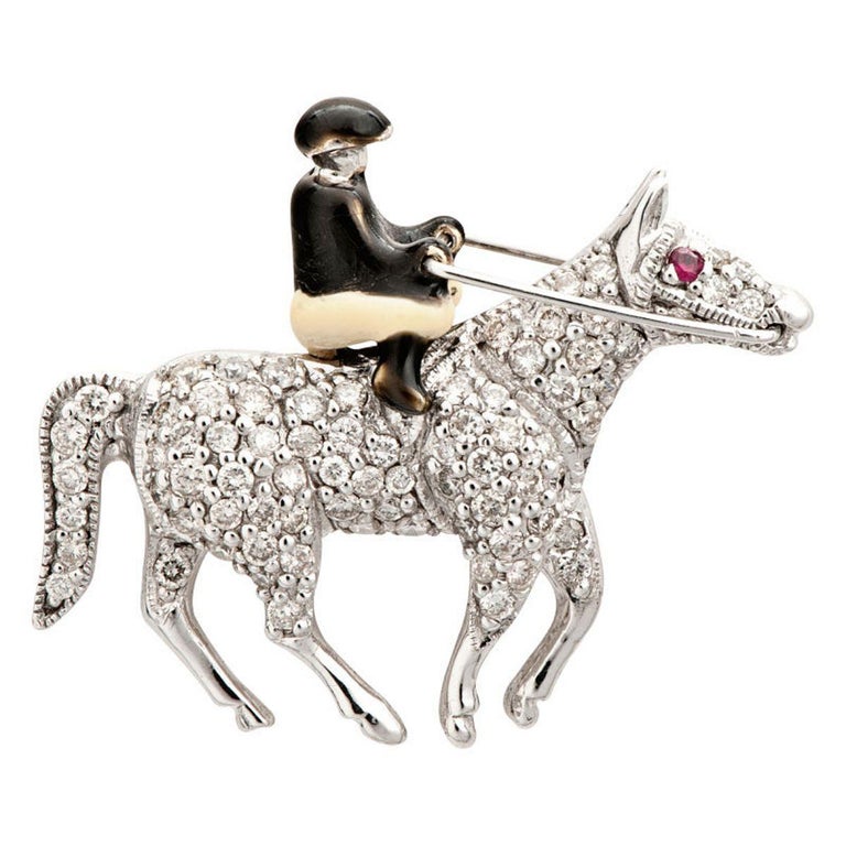 18 Carat White Gold Diamond Brooch in the Form of a Rider on Horseback ...
