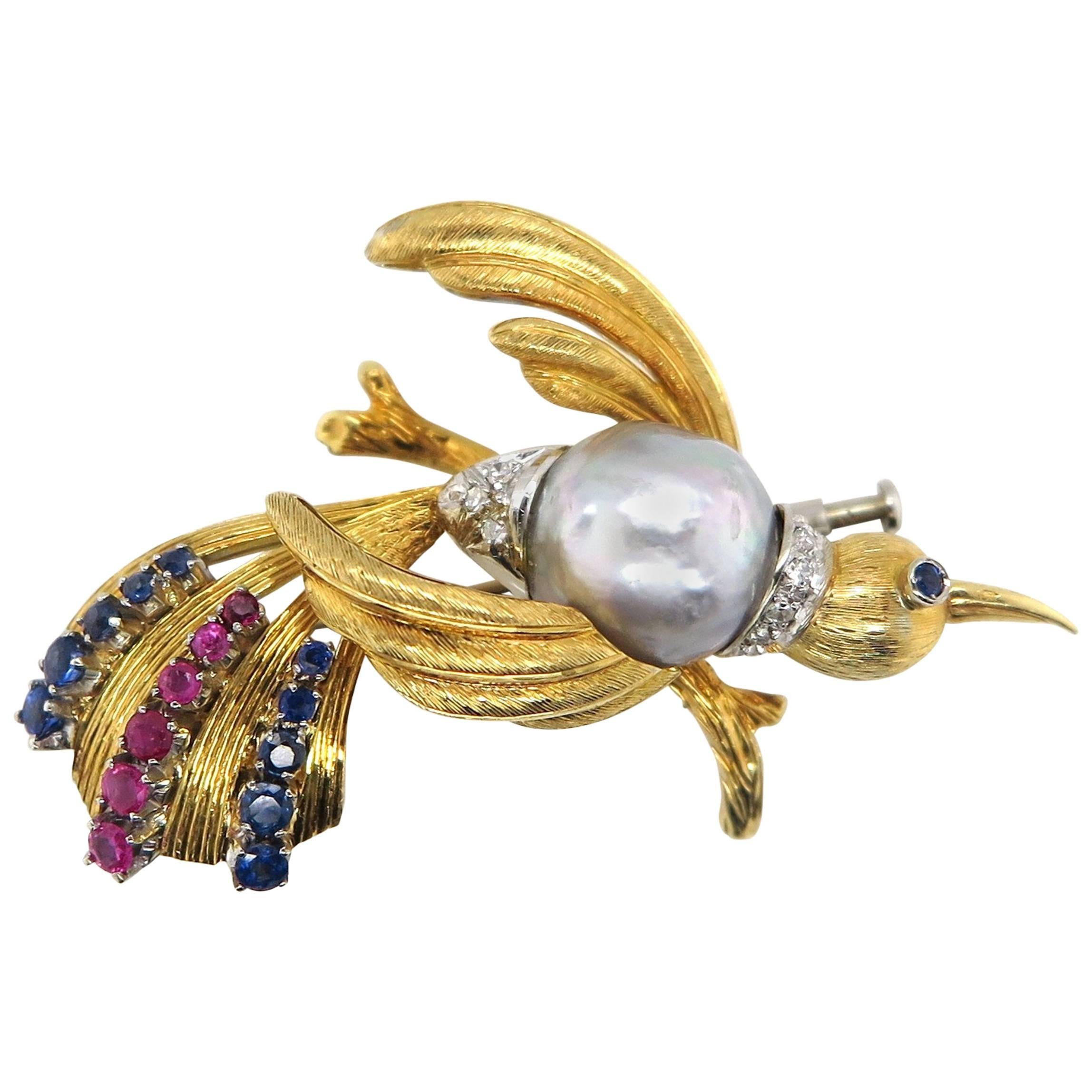 18 Carat Yellow Gold Bird Brooch with Sapphires, Rubies and Diamonds ...