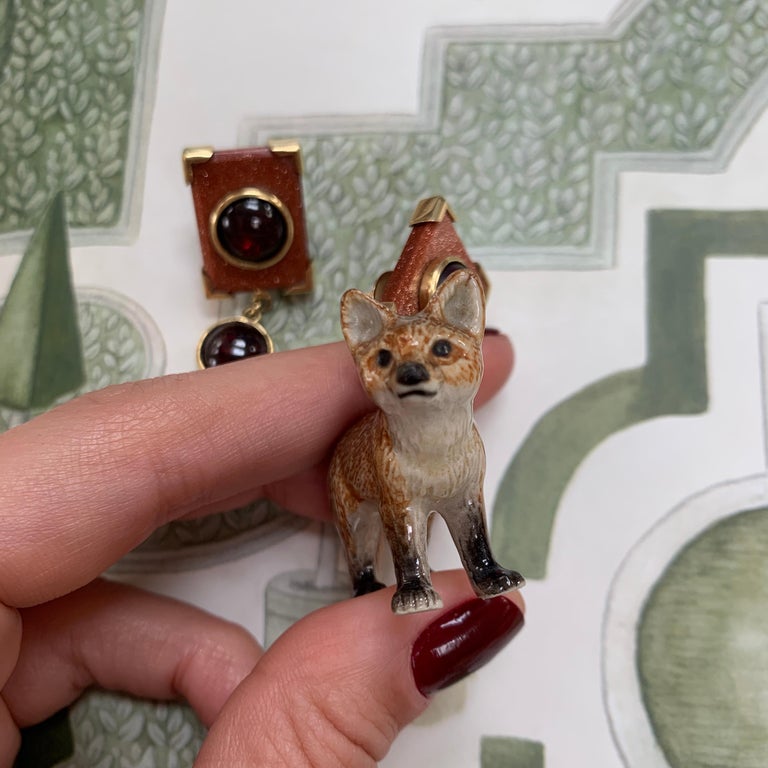 18 Carat Yellow Gold, Garnet, Goldstone and Painted Porcelain Fox ...