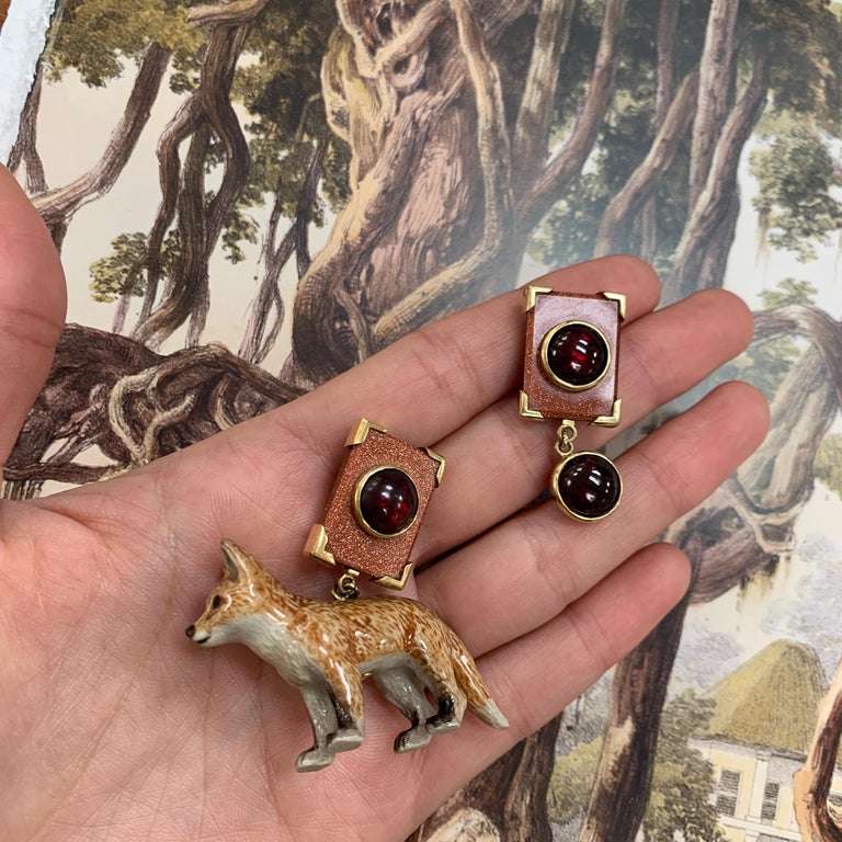 18 Carat Yellow Gold, Garnet, Goldstone and Painted Porcelain Fox ...