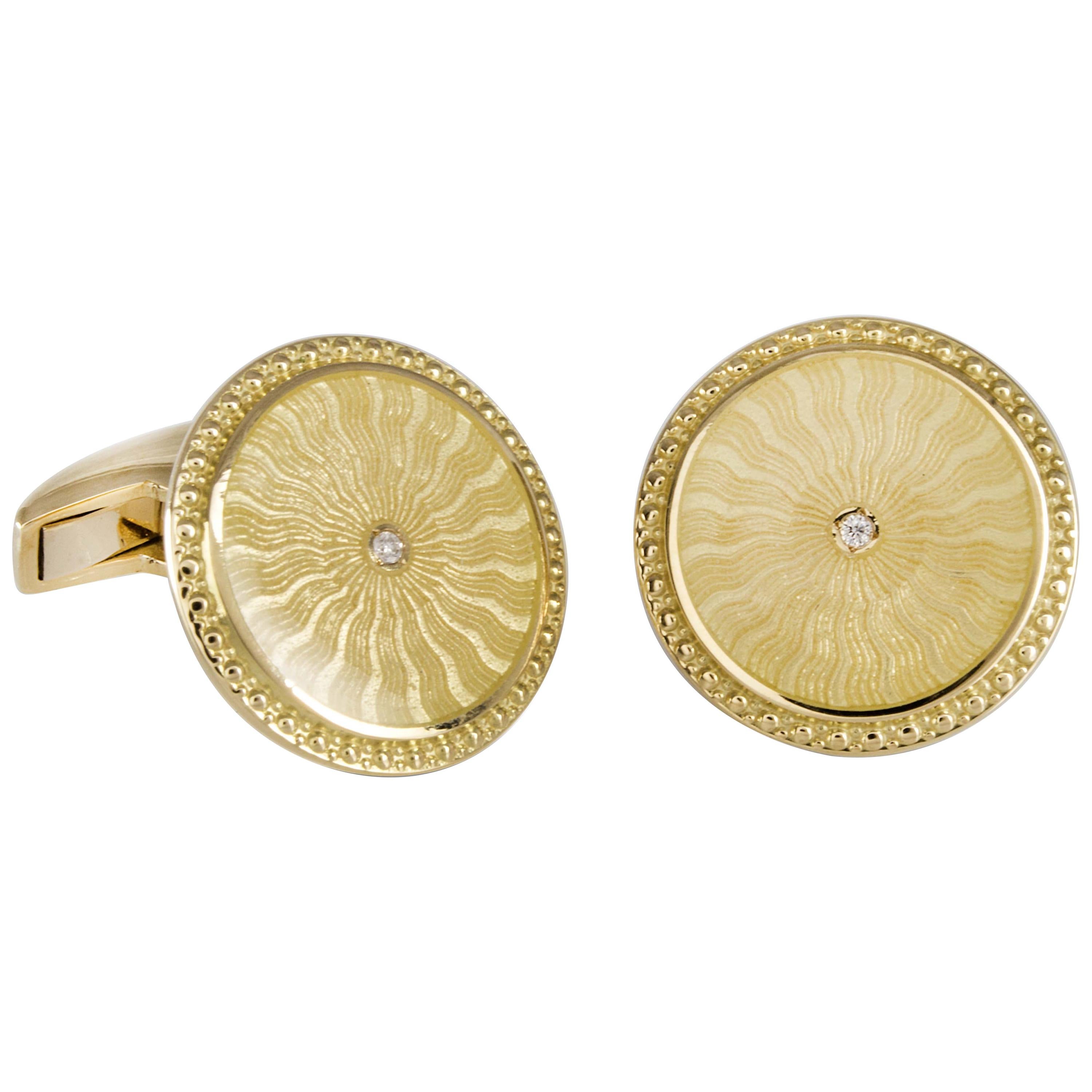 18 Carat Yellow Gold Round Cufflinks with Clear Enamel and Diamond ...