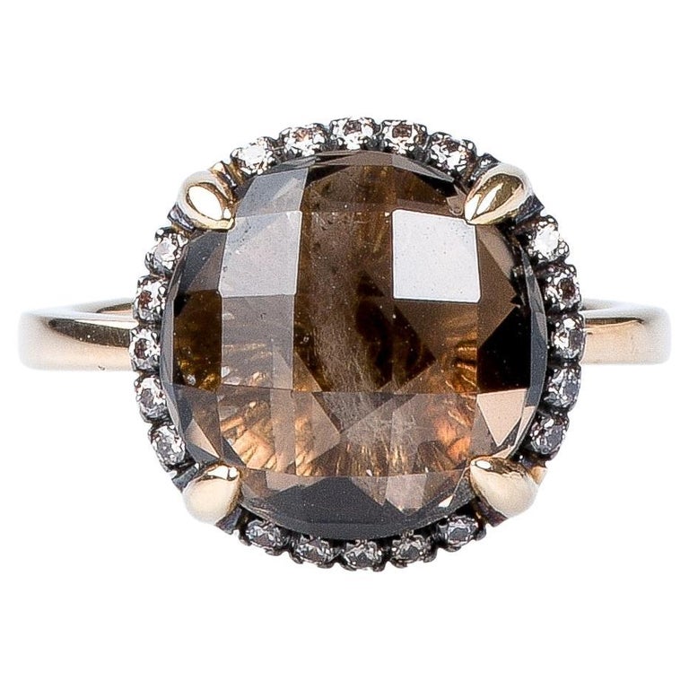 18 carat yellow gold smoky quartz and round fancy brown diamonds ring ...