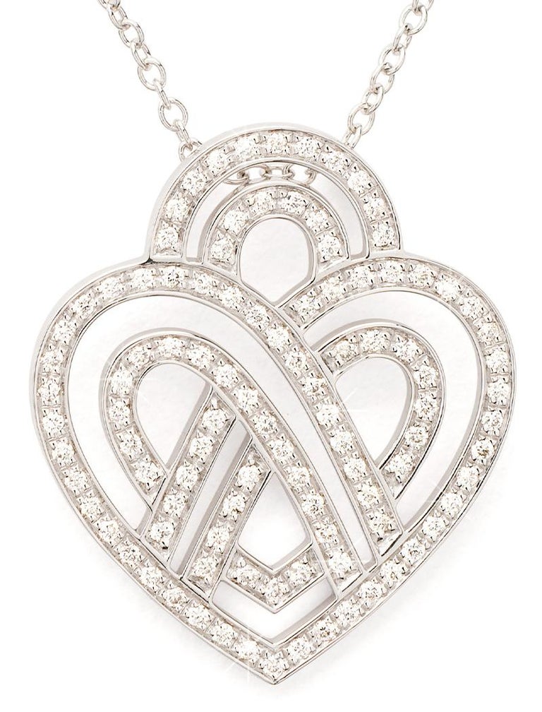 18 Carats Gold and Diamonds Necklace, White Gold, Coeur Entrelacé ...