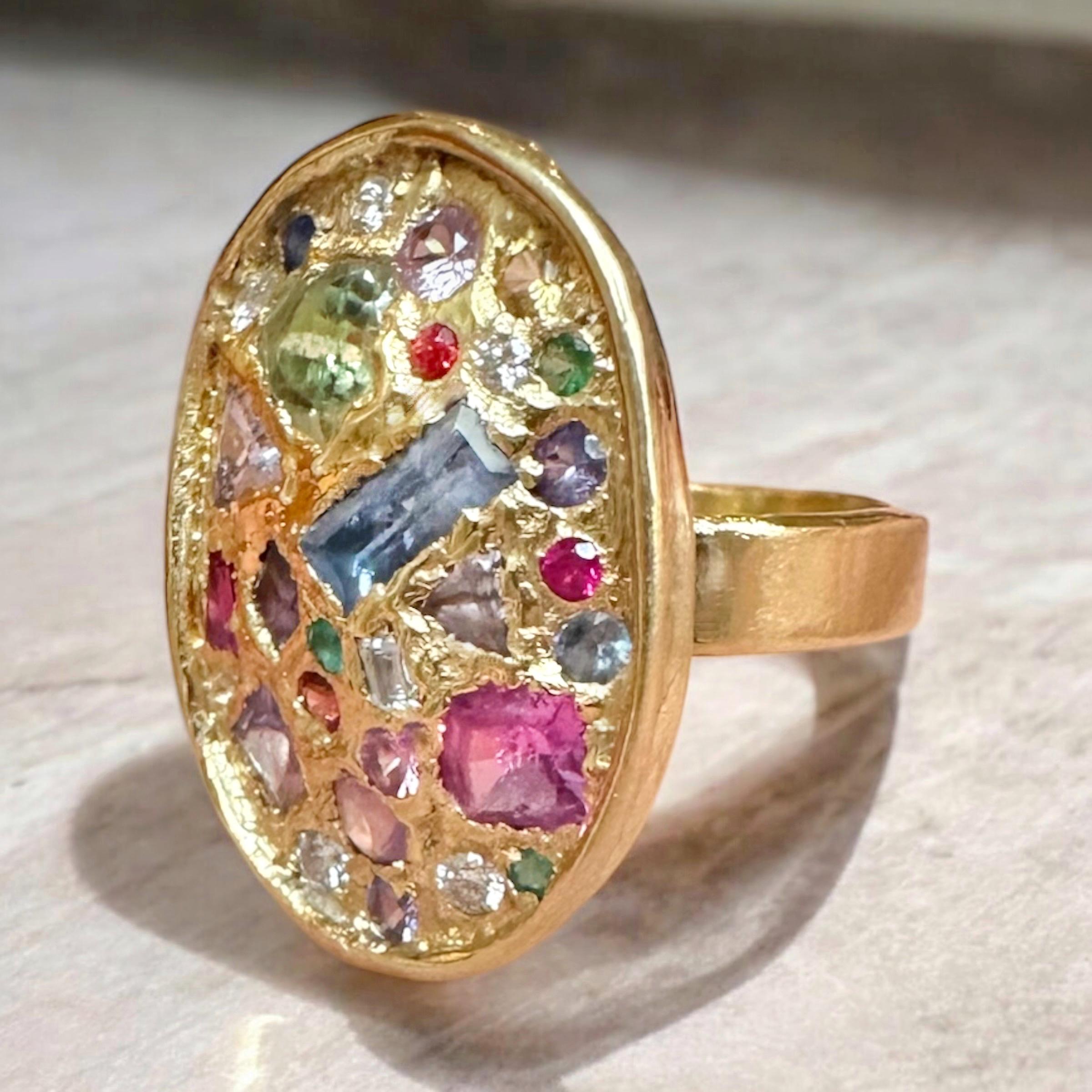 18 Ct Modern Large Geometric Abstract Art Cocktail Ring Sapphires and ...