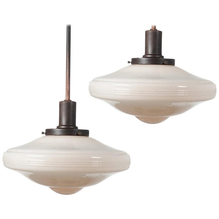 Midcentury Flying Saucer Milk Glass Pendents, Pair at 1stDibs