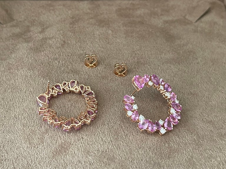 18 K Rose Gold Side Hoop Earrings Pink Sappire Diamonds For Sale at 1stDibs