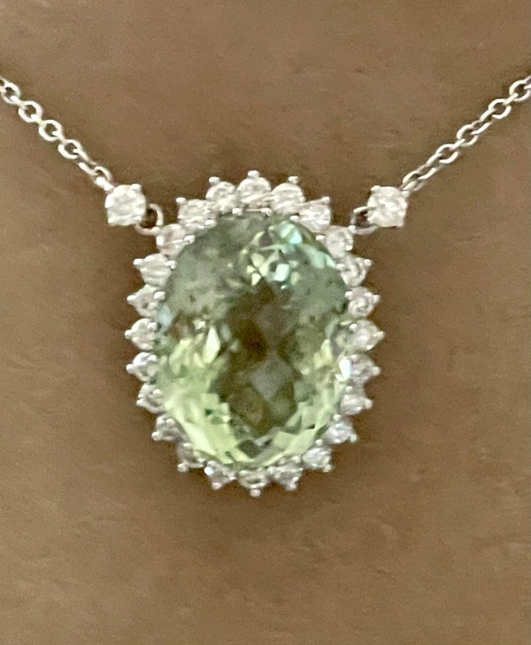 18 K White Gold Chain with Pendant Mint Green Beryl Diamond Surround ...