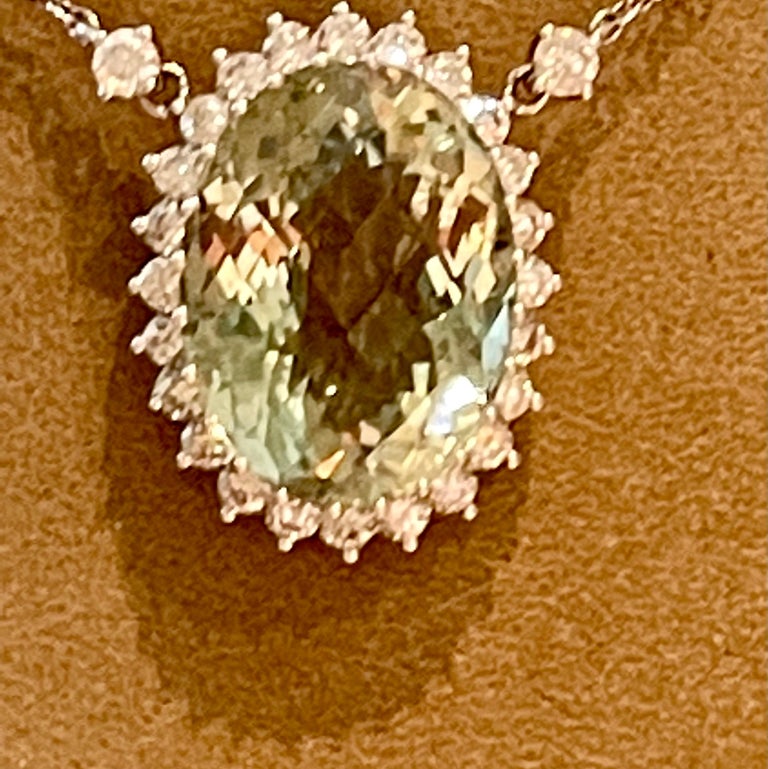 18 K White Gold Chain with Pendant Mint Green Beryl Diamond Surround ...