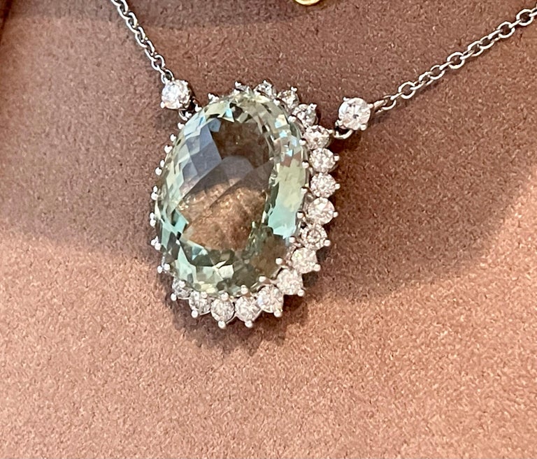 18 K White Gold Chain with Pendant Mint Green Beryl Diamond Surround ...