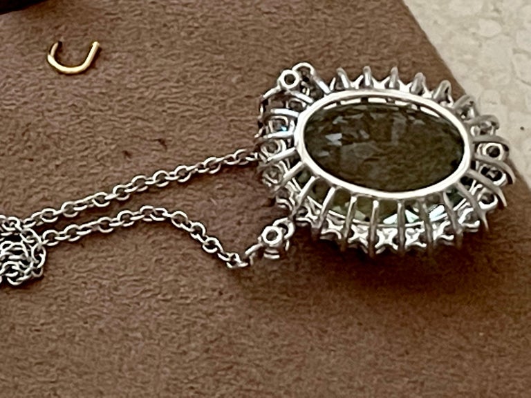 18 K White Gold Chain with Pendant Mint Green Beryl Diamond Surround ...