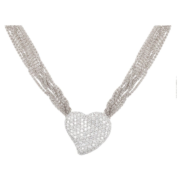 18k White Gold Diamond Pave Heart Necklace For Sale at 1stDibs