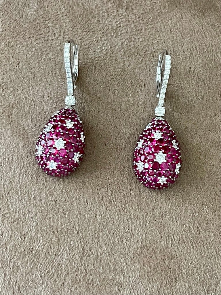 18 K White Gold Ruby Diamonds Lever Back Drop Earrings For Sale at 1stDibs