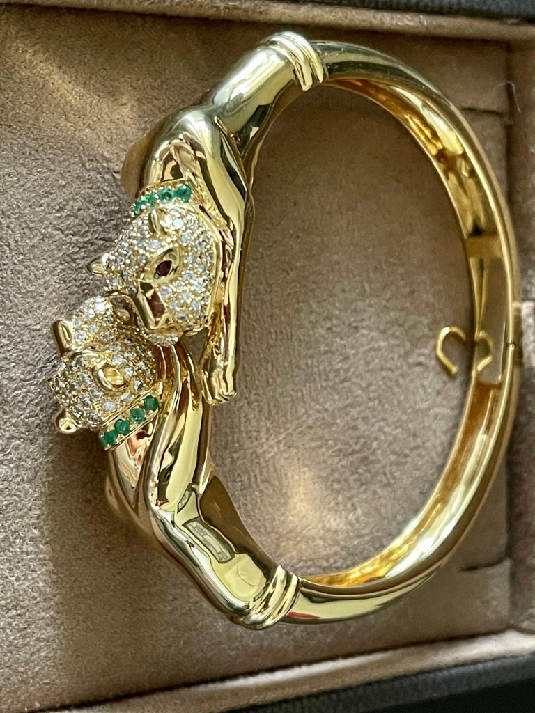 18 K Yellow Gold Twin Panther Bangle Diamonds Emeralds Ruby For Sale at ...