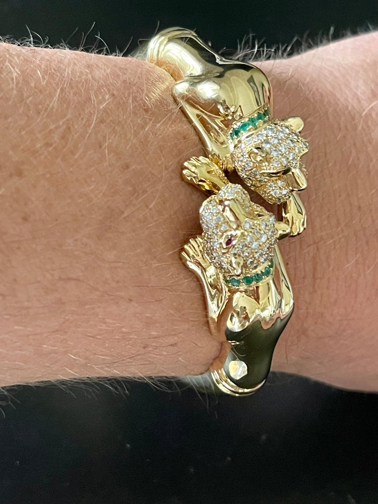 18 K Yellow Gold Twin Panther Bangle Diamonds Emeralds Ruby For Sale at ...
