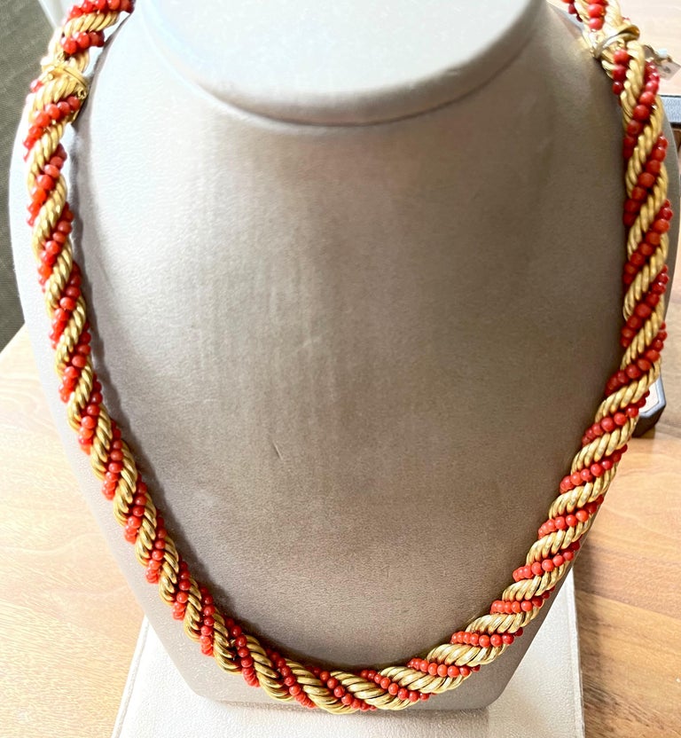 18 K Yellow Gold Vintage Coral Rope Torsade Necklace Bracelet For Sale ...