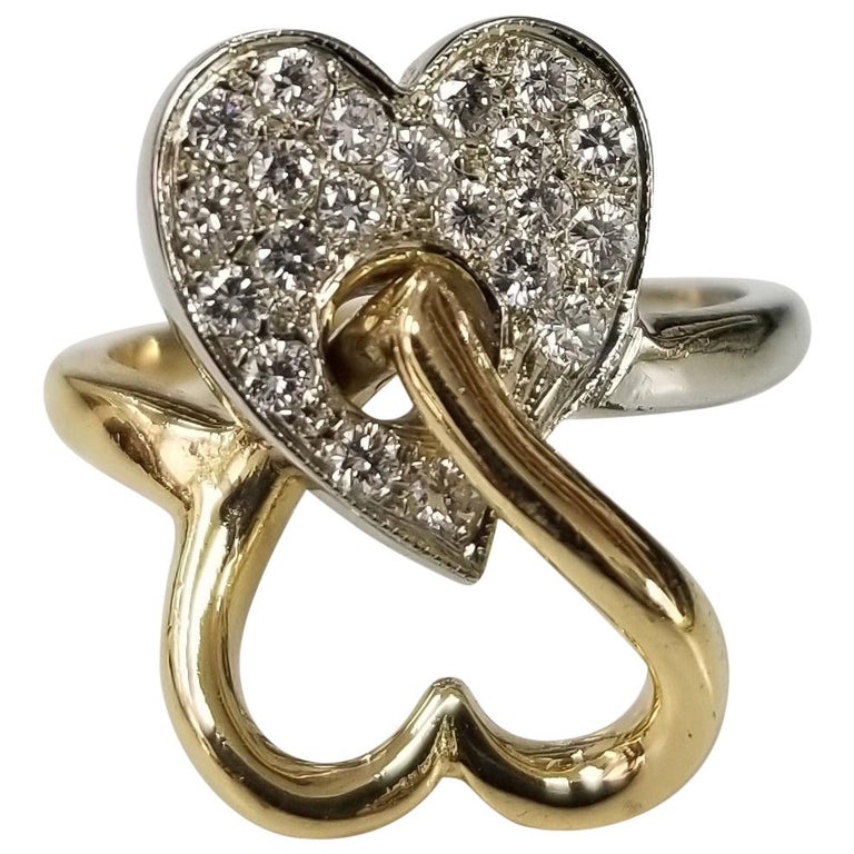 18 Karat 2-Tone Diamond Heart Ring Double Heart For Sale at 1stDibs