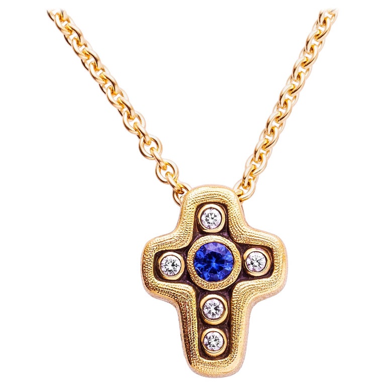 Yellow Gold Alex Sepkus Diamond, Sapphire Cross Pendant at 1stDibs