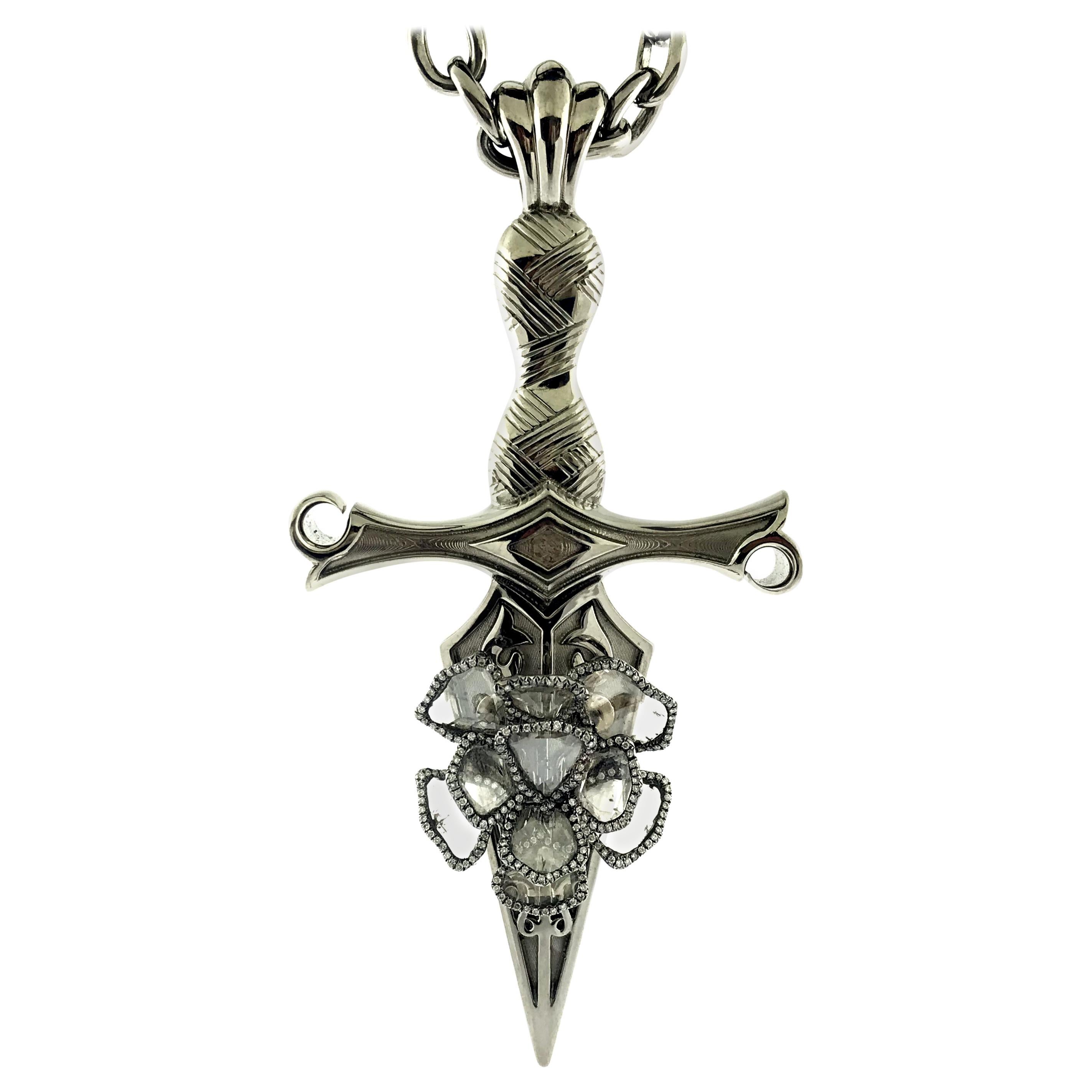 18KT Grey Gold and Titanium Dagger Chain Necklace For Sale at 1stDibs